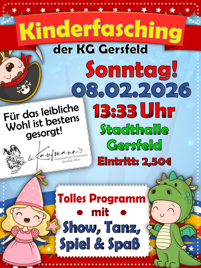 Kinderfasching am 08.02.26 in der Stadthalle - Stadt Gersfeld (Rhön)